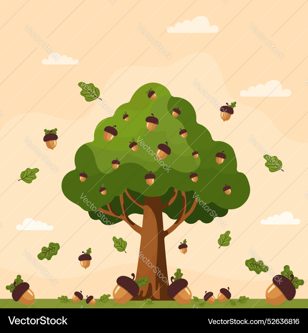 Oak tree and acorns flat Royalty Free Vector Image