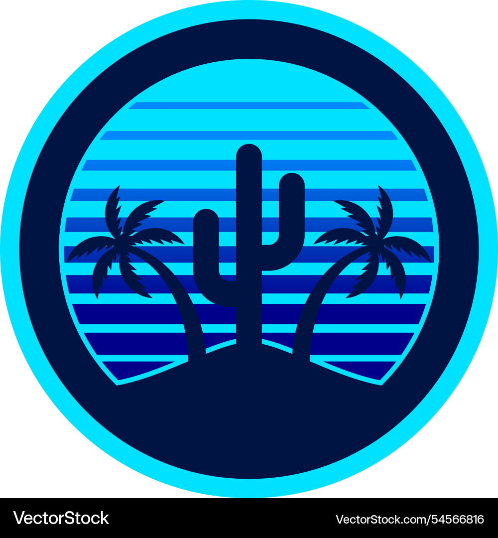 Retro desert sunset scene with cacti and palms Vector Image