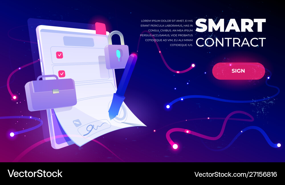 Smart contract web banner e-signature document Vector Image