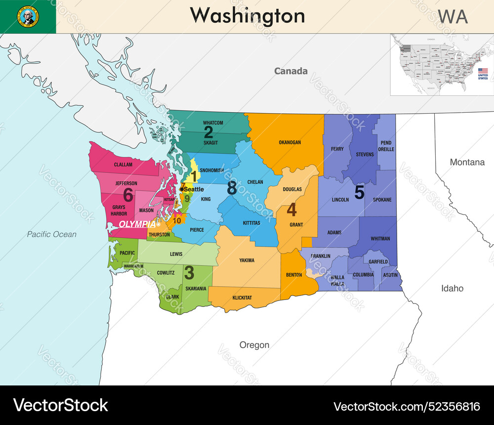 Washington state map with counties borders Vector Image