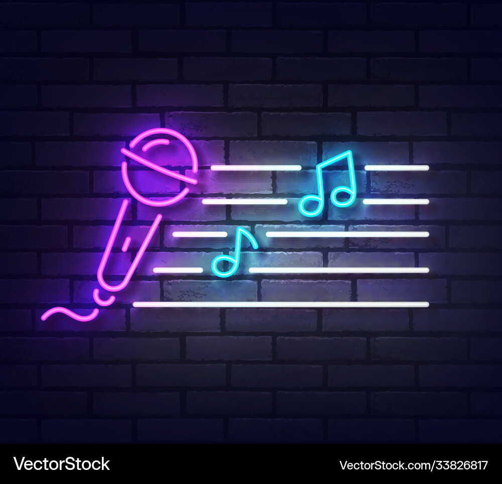 Microphone neon sign musical notes Royalty Free Vector Image