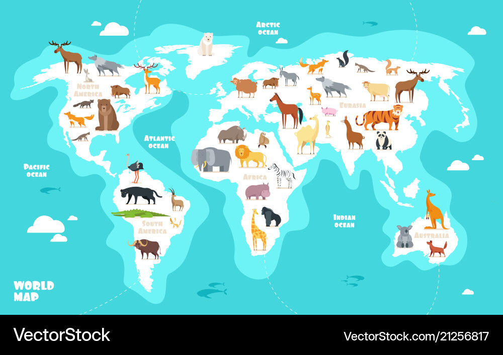 World Map with Animals - Kids Geography Royalty Free Vector