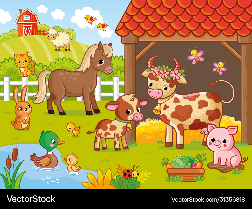 Farm with animals in cartoon style Royalty Free Vector Image