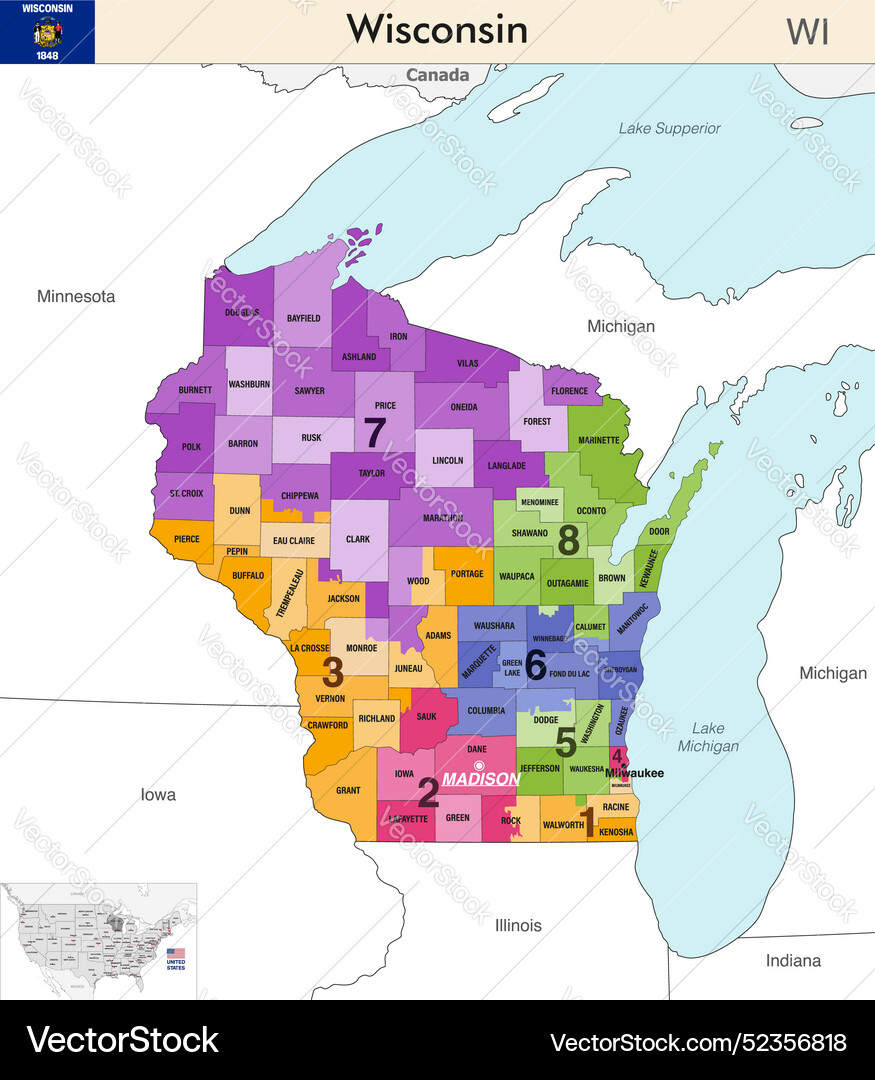 Wisconsin state map with counties borders Vector Image
