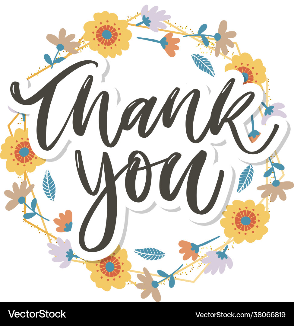 Cute thank you script card flowers letter text Vector Image