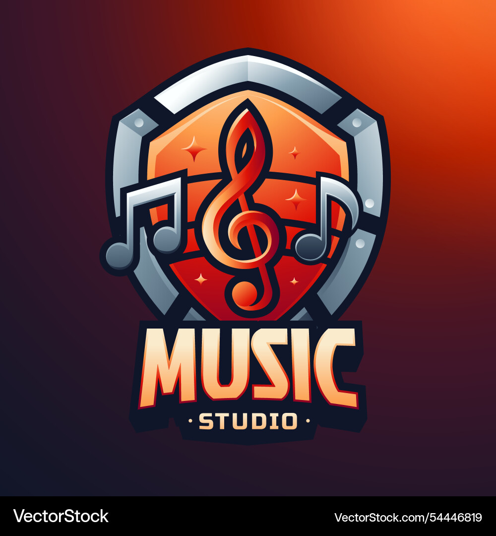 Music studio logo with treble clef and shield Vector Image