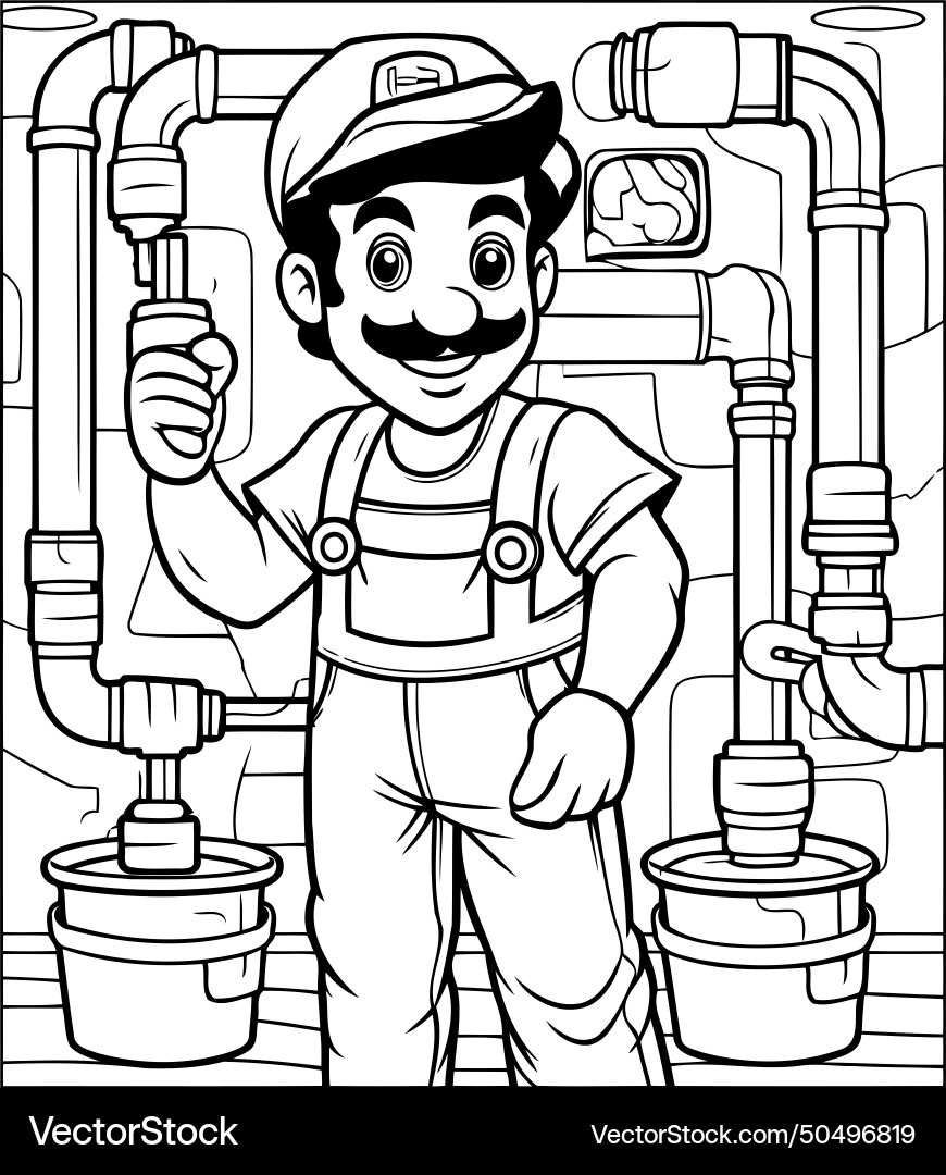 Plumber with water pipes black and white Vector Image
