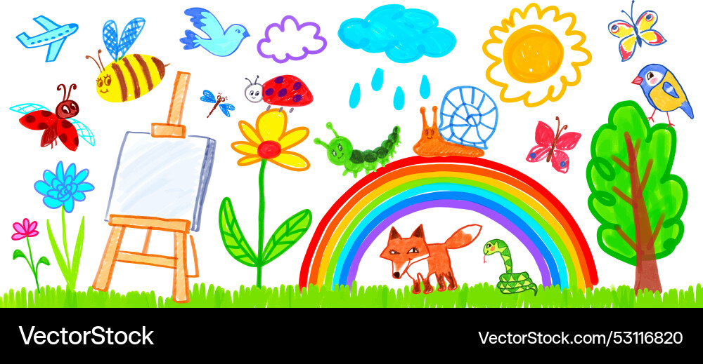Child drawing of landscape with rainbow Royalty Free Vector