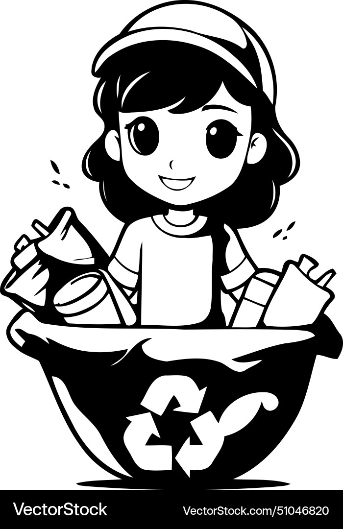 Cute girl sorting garbage in a trash can Vector Image