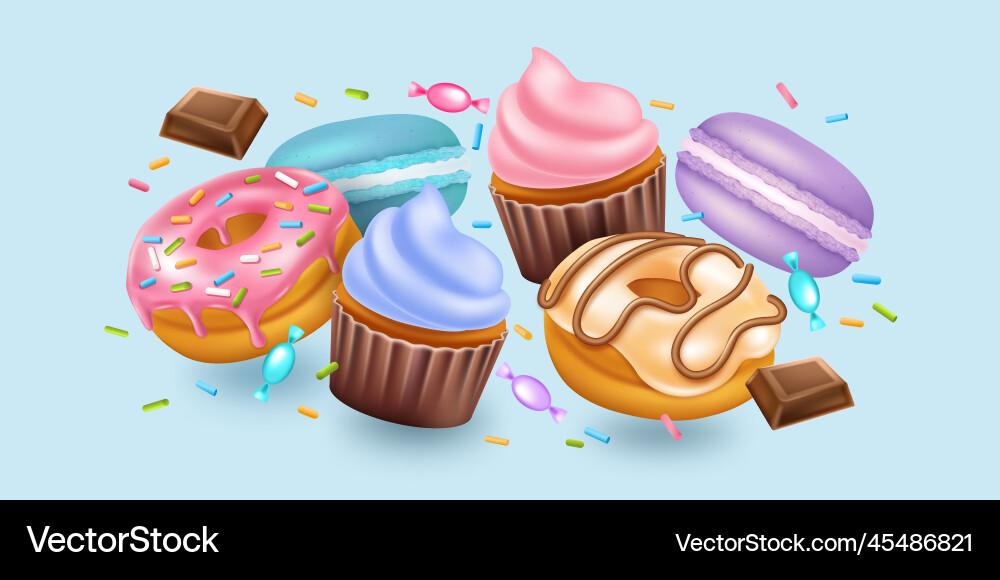 3d sweet candy cupcakes and donuts chocolate Vector Image