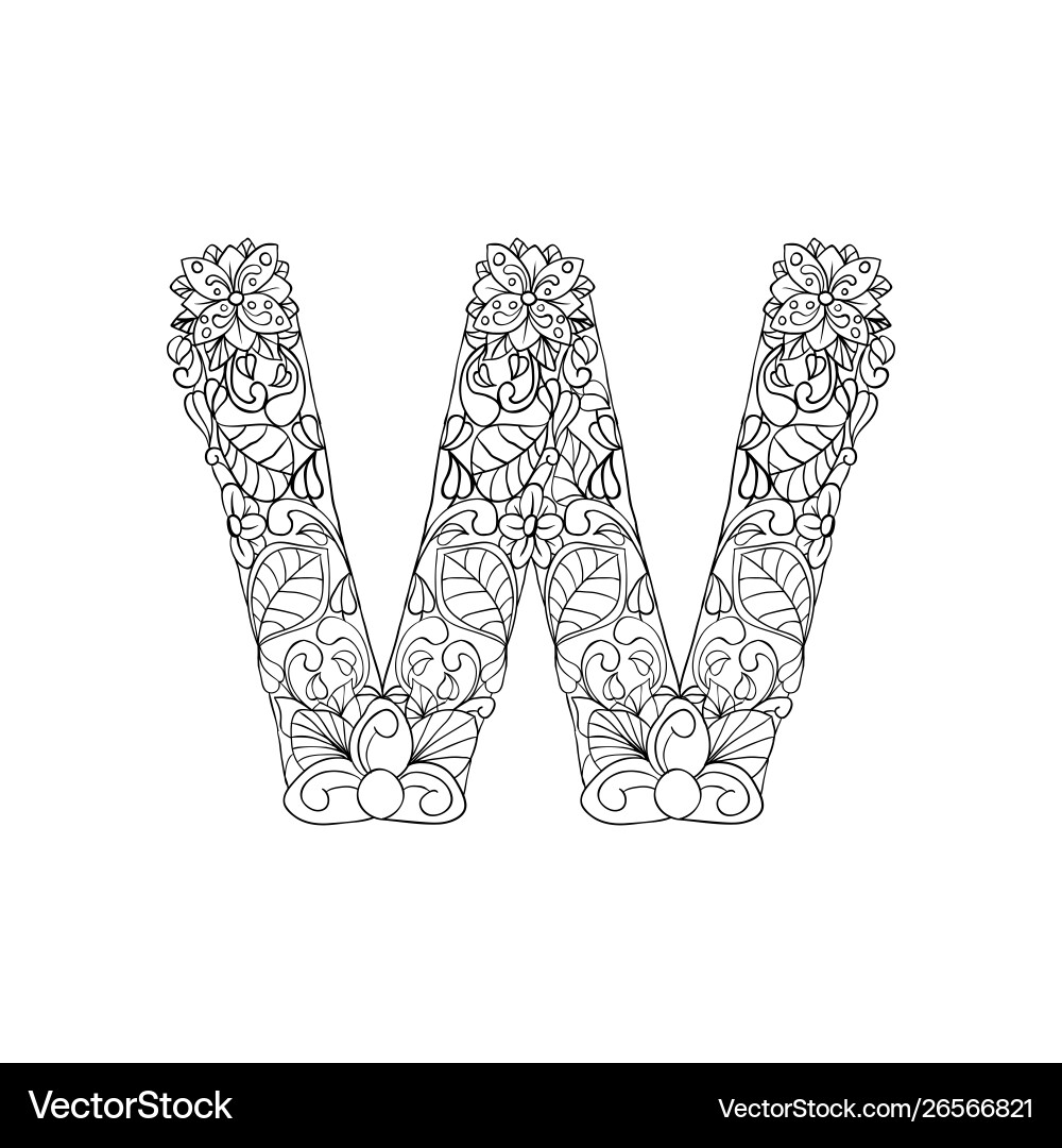 Coloring book ornamental alphabet letter w font Vector Image
