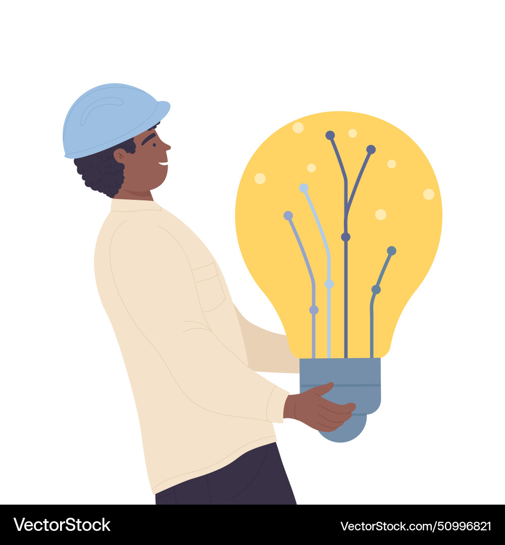 Engineer holding bright light bulb man Royalty Free Vector