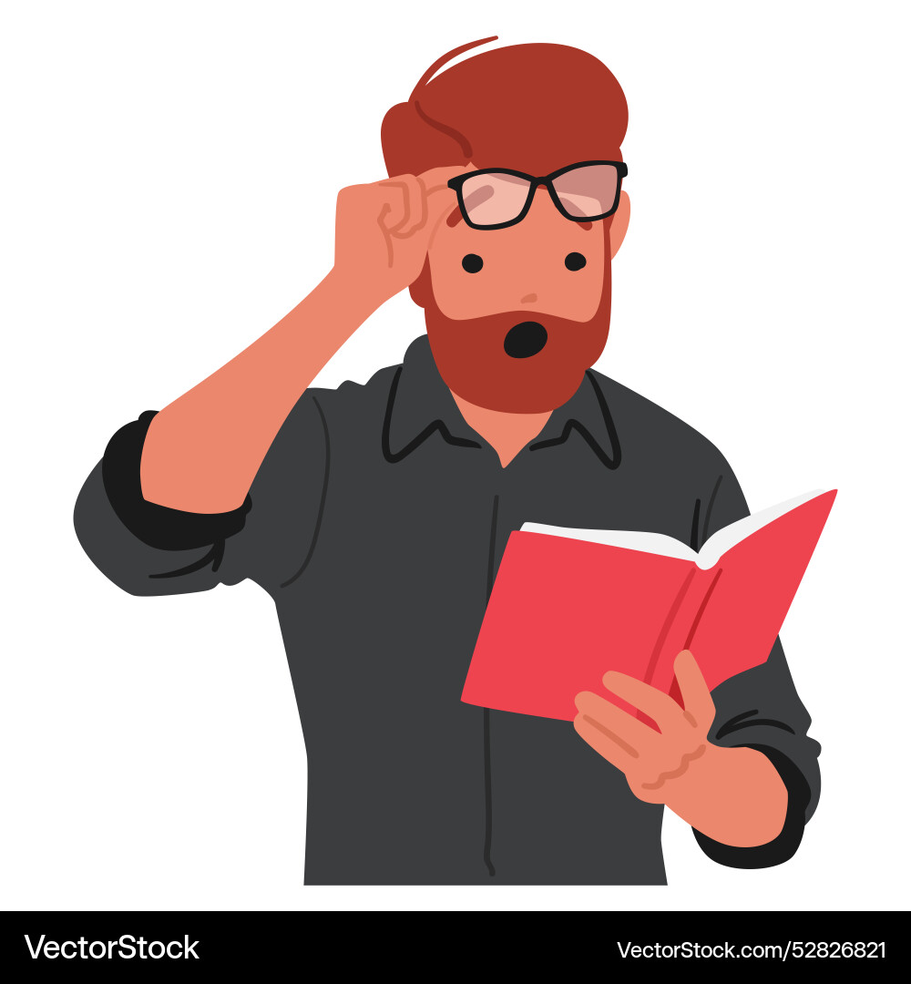 Surprised man with glasses and beard reading Vector Image
