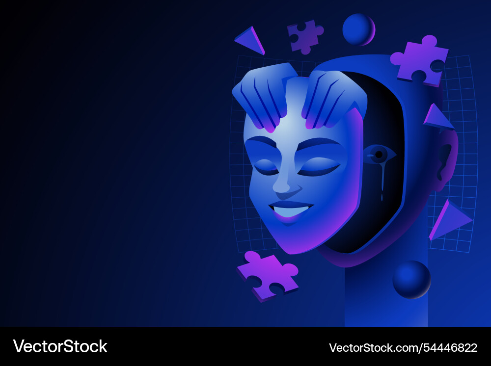 Robotic face removing mask with puzzle pieces Vector Image