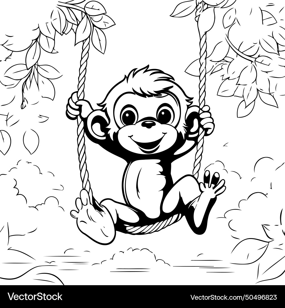 Monkey swinging on a swing for coloring book Vector Image
