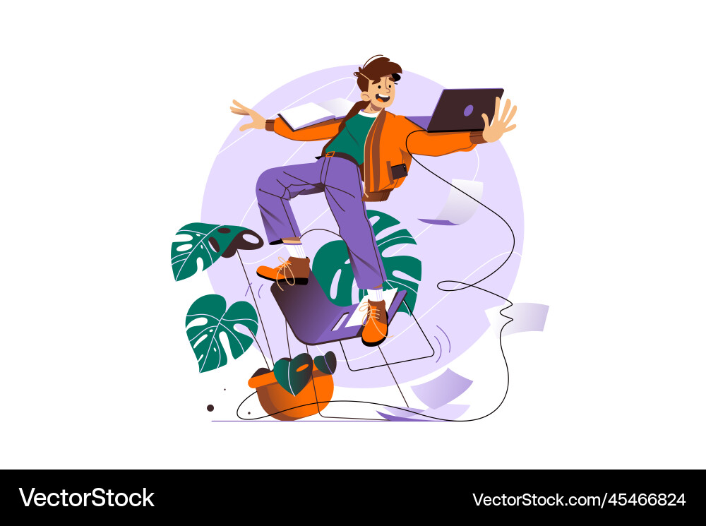 Man balancing on chair with laptop Royalty Free Vector Image