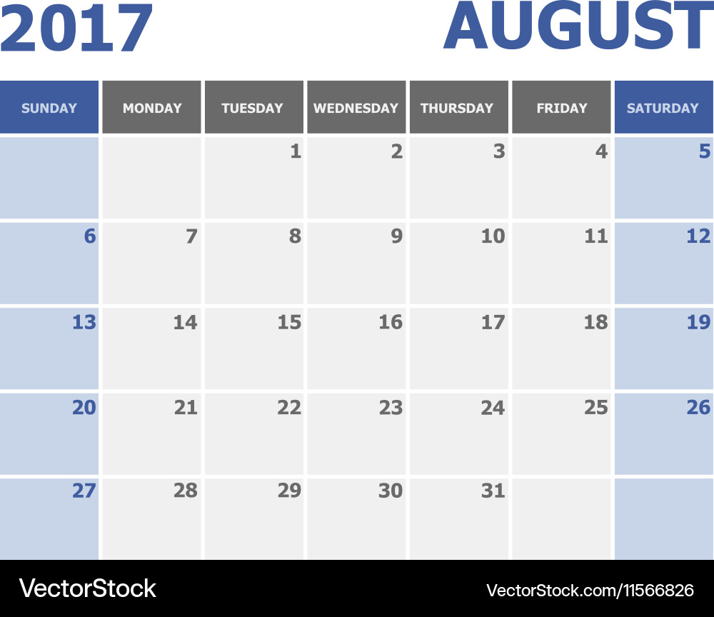 2017 august calendar week starts on sunday Vector Image