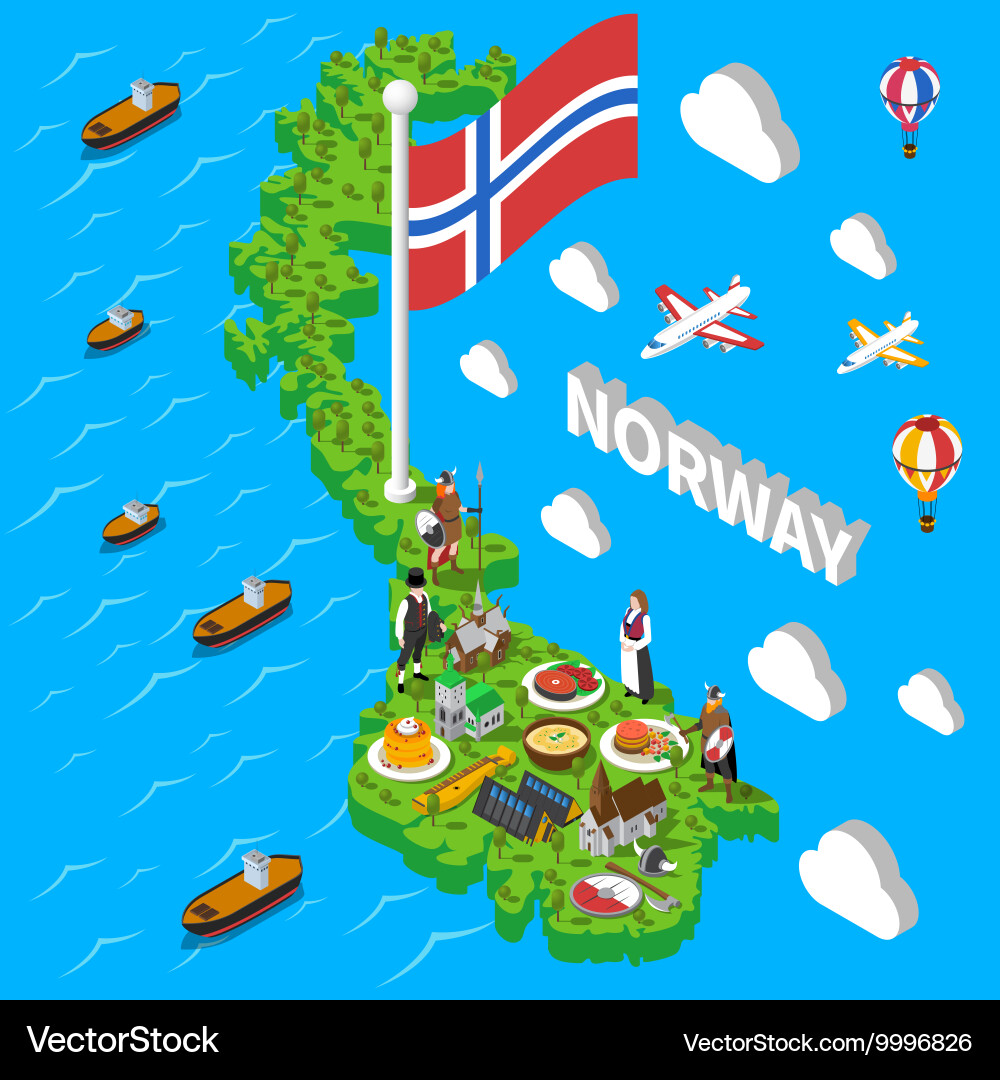 Norway map touristic symbols isometric poster Vector Image