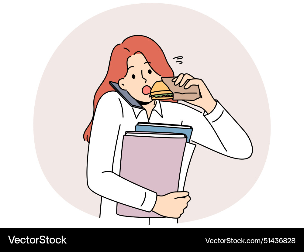 Busy multitasking woman answers phone biting Vector Image