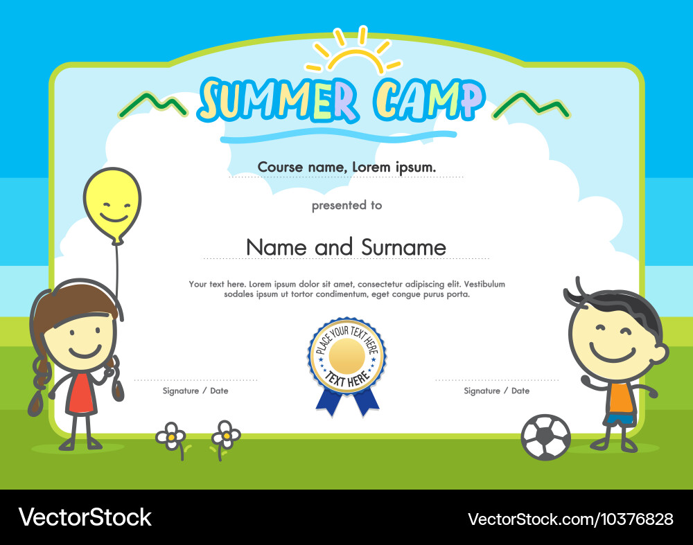 Kids summer camp certificate document template Vector Image