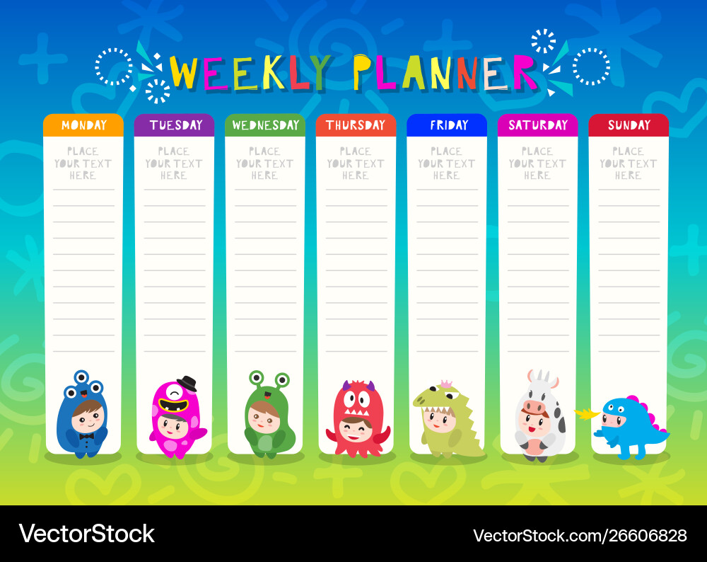 Kids weekly planner with cute monster cartoon Vector Image