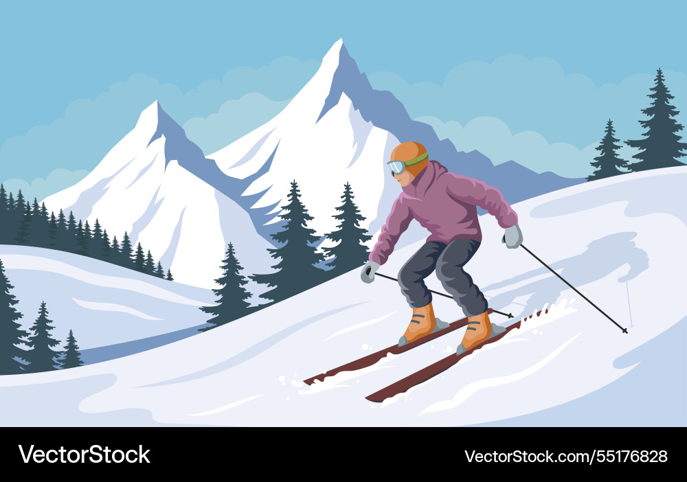 Skier descending snowy slope with mountain Vector Image