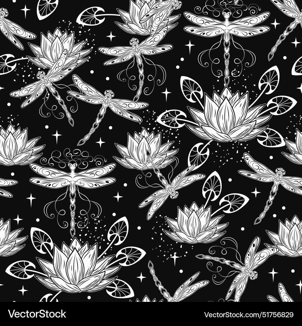 Fantasy pattern with lotus flower dragonflies Vector Image
