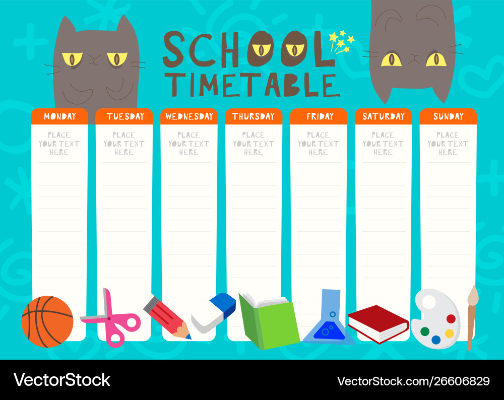 Kids weekly planner with funny cat cartoon Vector Image