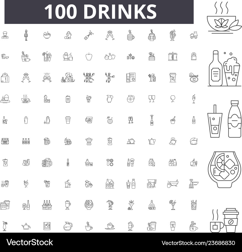 Drinks editable line icons 100 set Royalty Free Vector Image