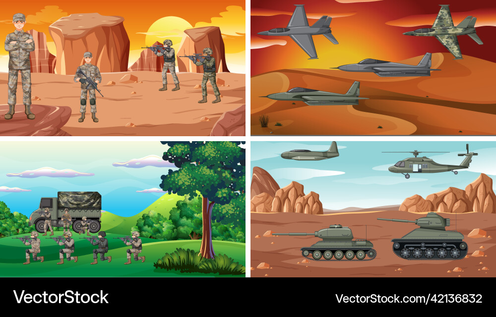 Set of different army war scenes Royalty Free Vector Image
