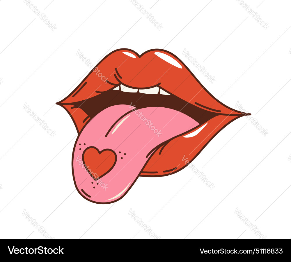 Cartoon retro groovy hippie love lips with tongue Vector Image