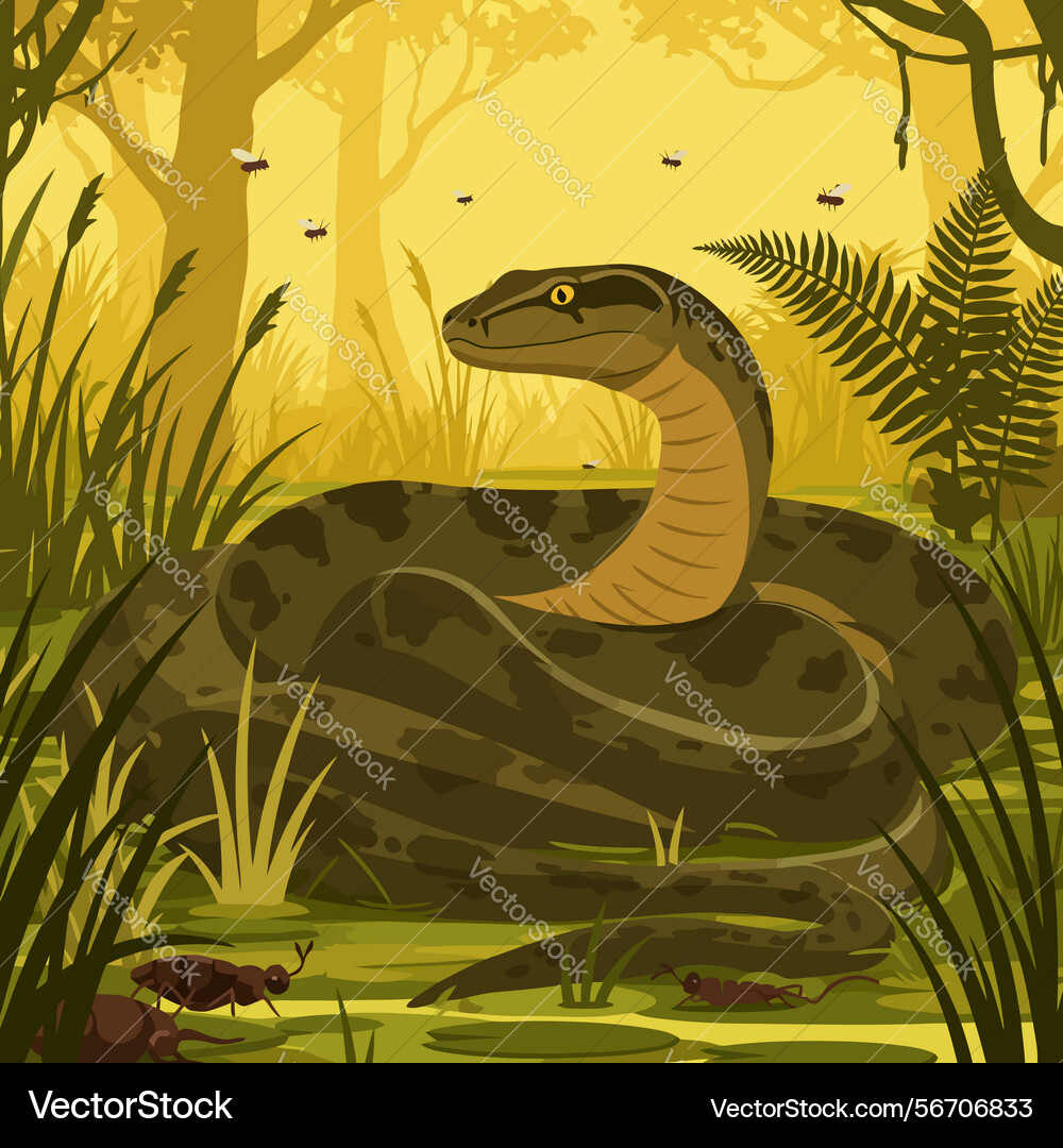 Coiled snake in swamp scene with insects and lush Vector Image