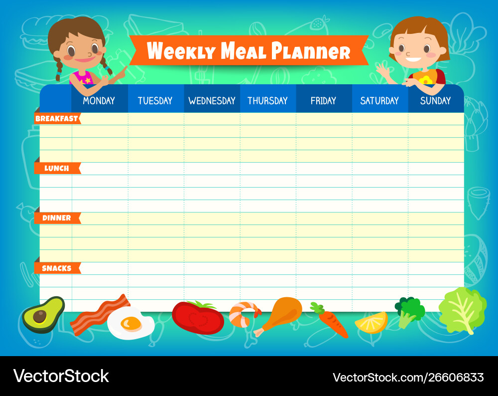 Weekly meal planner with cute kids cartoon Vector Image