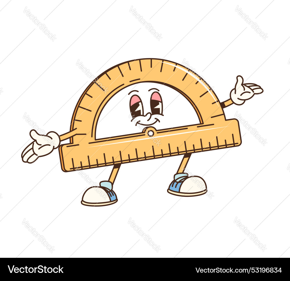 Cartoon groovy school protractor retro character Vector Image