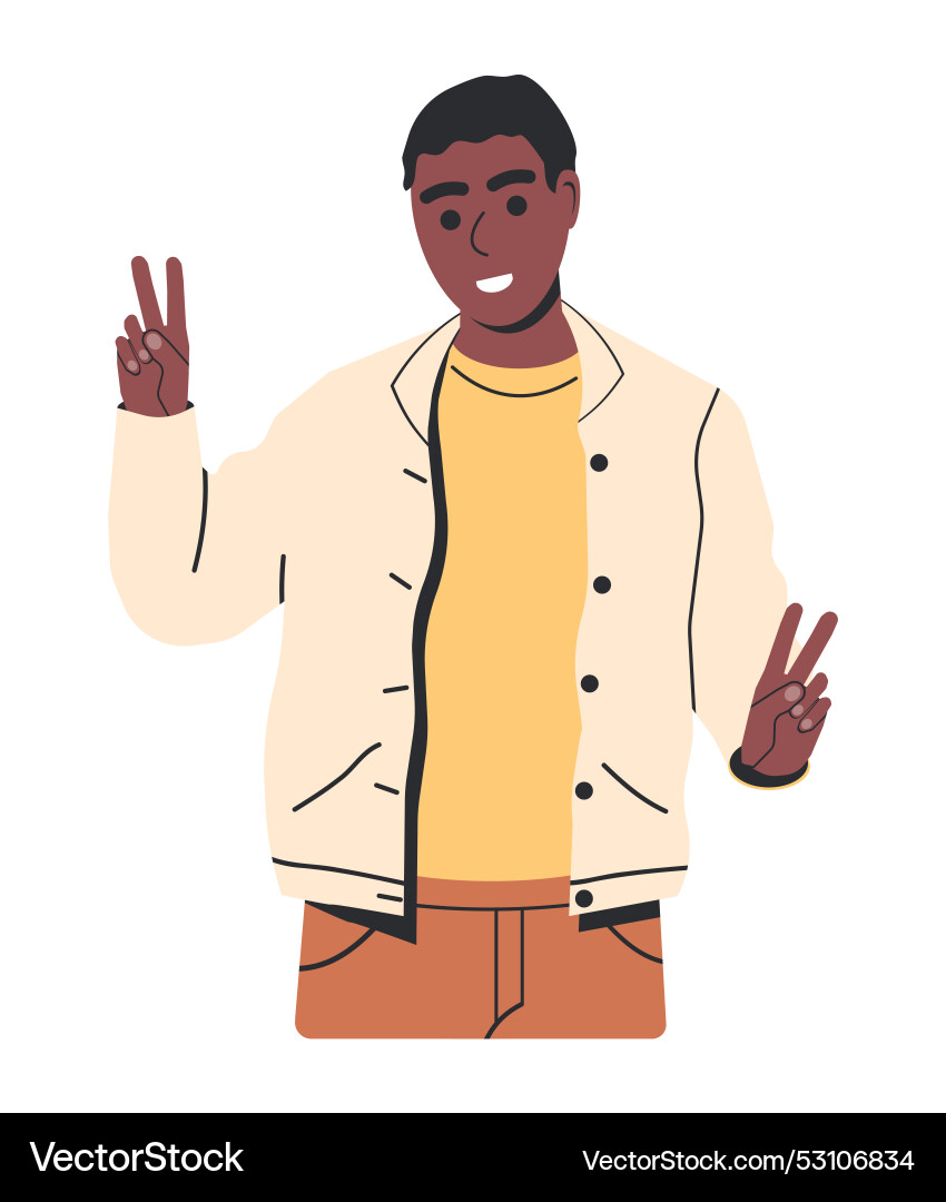 Cheerful man showing peace gesture with fingers Vector Image