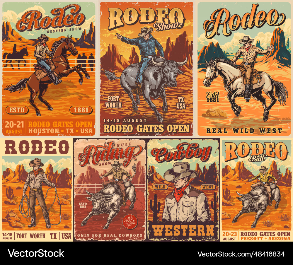 Cowboy rodeo set stickers colorful Royalty Free Vector Image