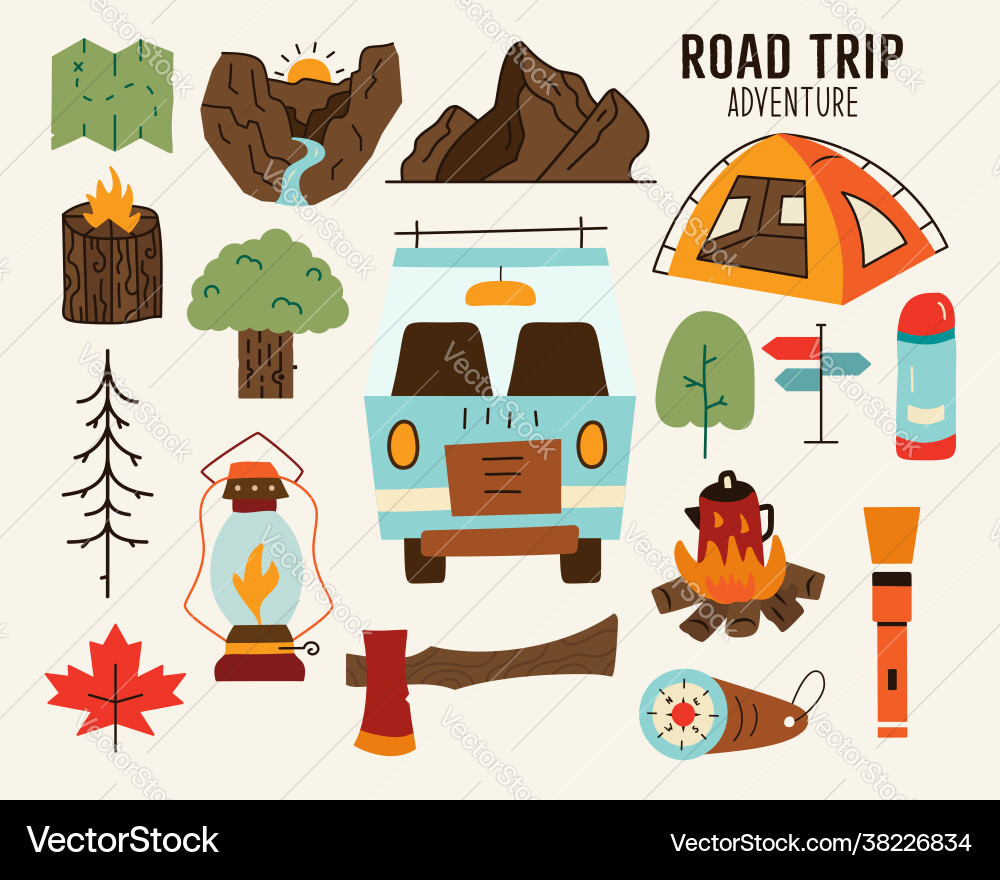 Hiking and road trip adventure elements Royalty Free Vector