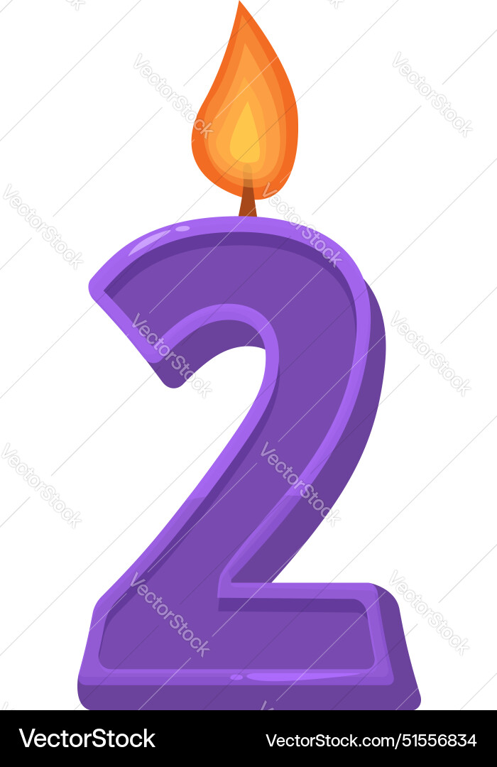 Purple number two candle with lit flame Royalty Free Vector