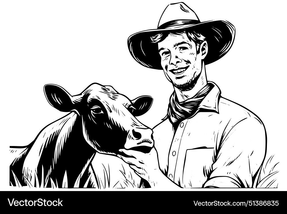 Cow and farmer on the field Royalty Free Vector Image