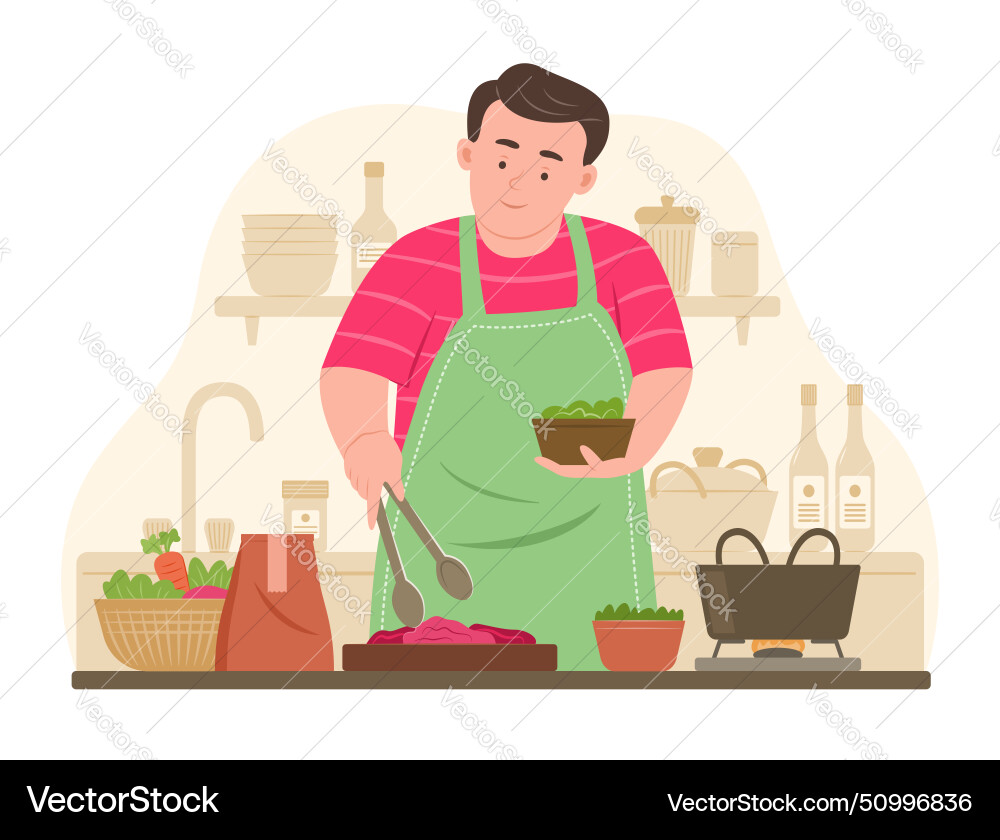 Chubby man cooking in kitchen Royalty Free Vector Image