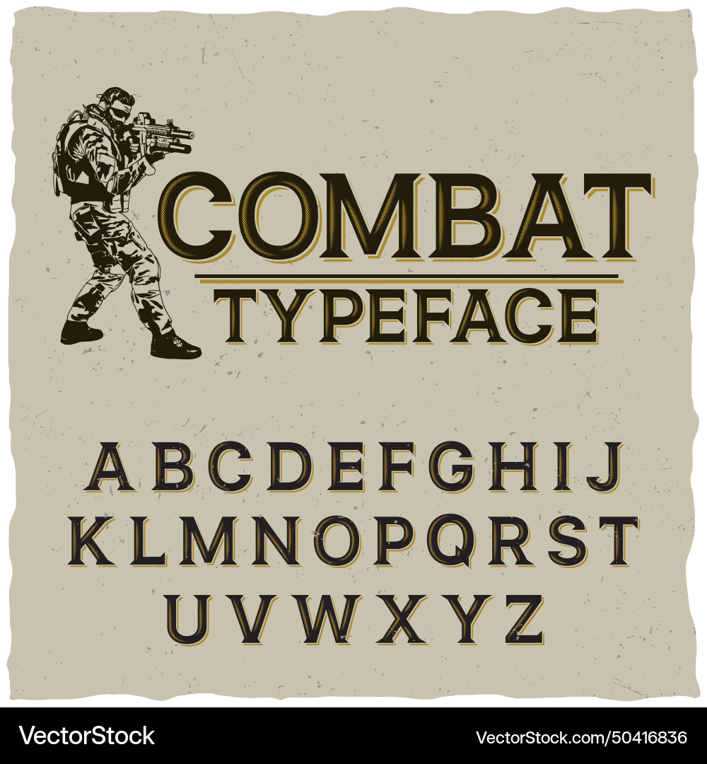 Combat typeface poster with hand drawn soldier Vector Image