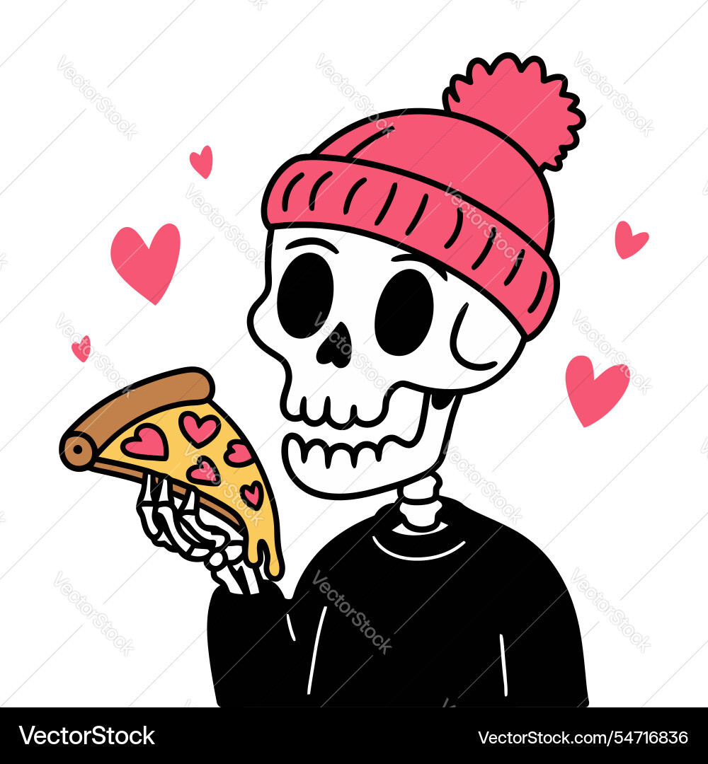 Skeleton eating pizza with heart-shaped toppings Vector Image
