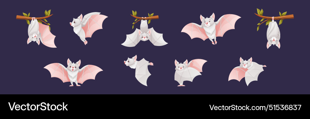 Bat flying creature character hang on tree branch Vector Image