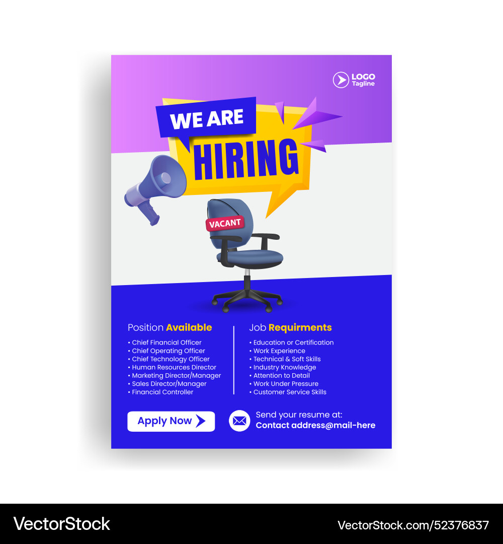 Hiring job print ready flyer or poste template Vector Image