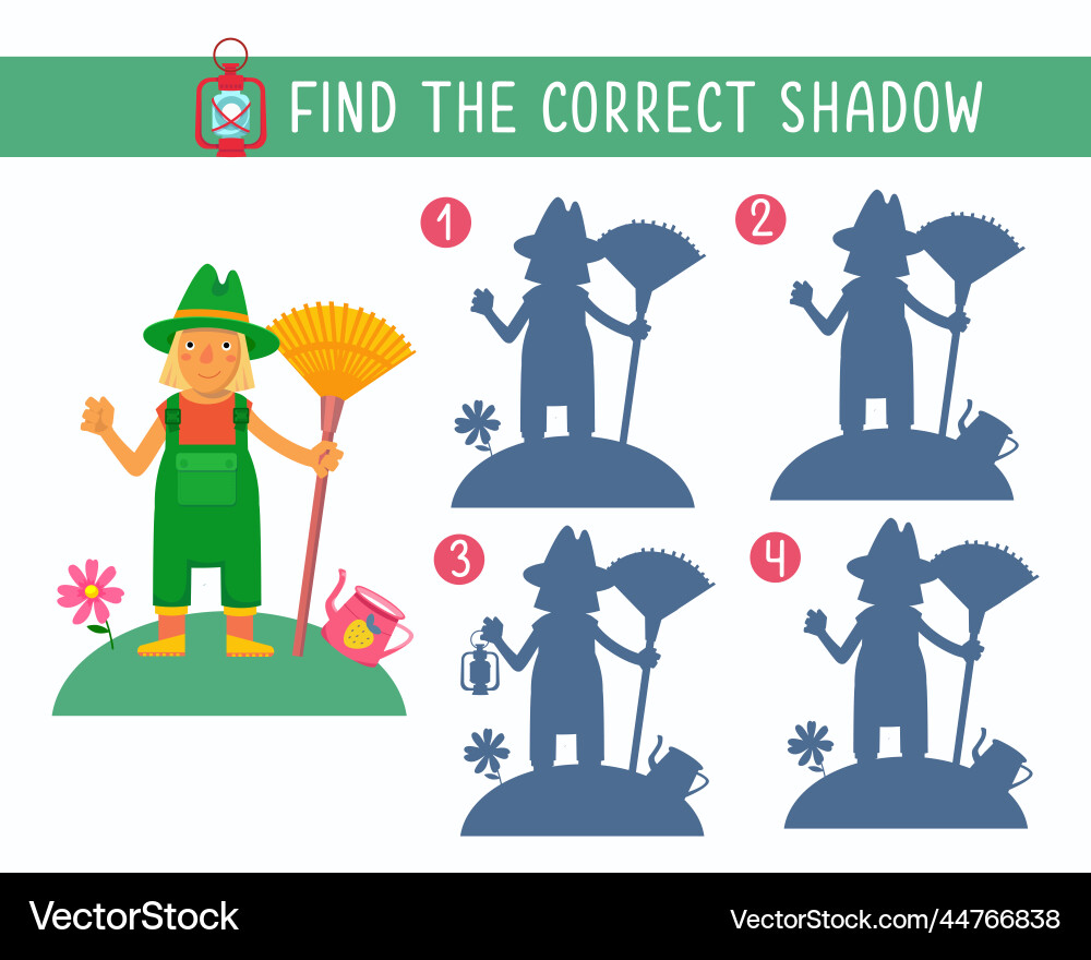 Find correct shadow cute cartoon-style gardener Vector Image