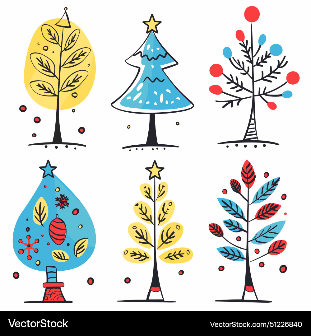 Six stylized christmas trees colorful modern Vector Image