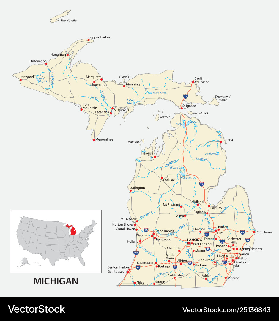 Road map us american state michigan Royalty Free Vector