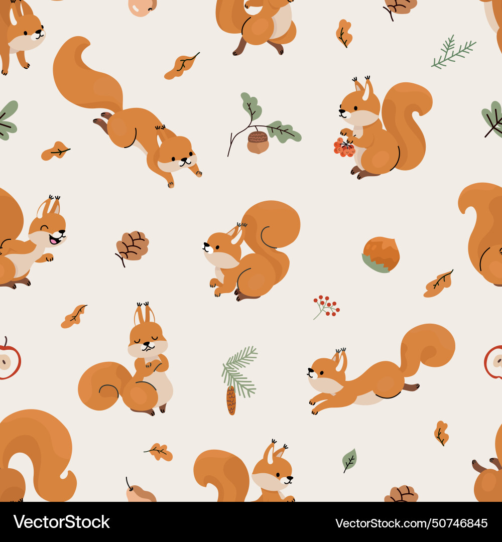 Squirrel seamless pattern cute forest squirrels Vector Image