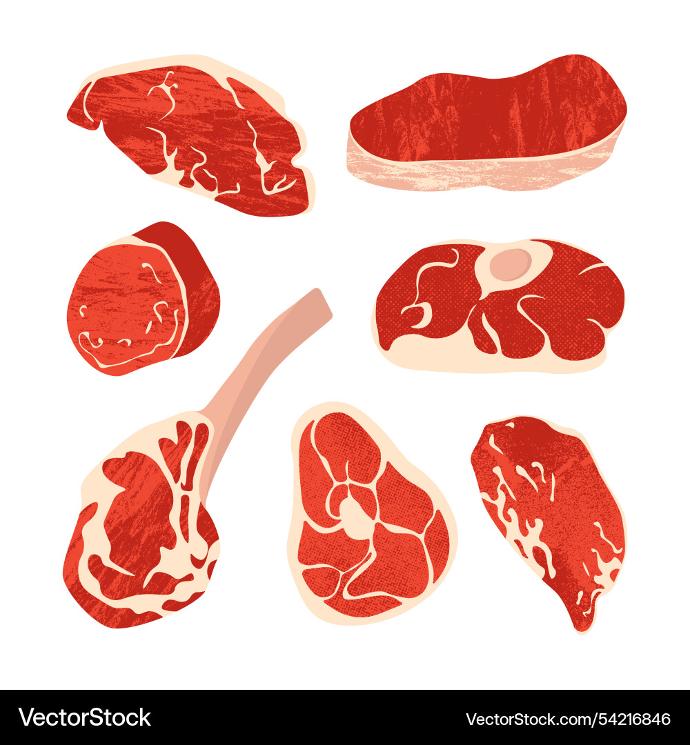 Raw beef steak cuts butcher meat products flat Vector Image