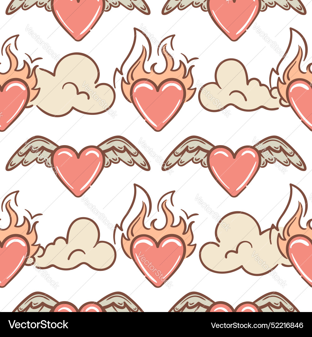 Seamless pattern heart on fire with angel wings Vector Image